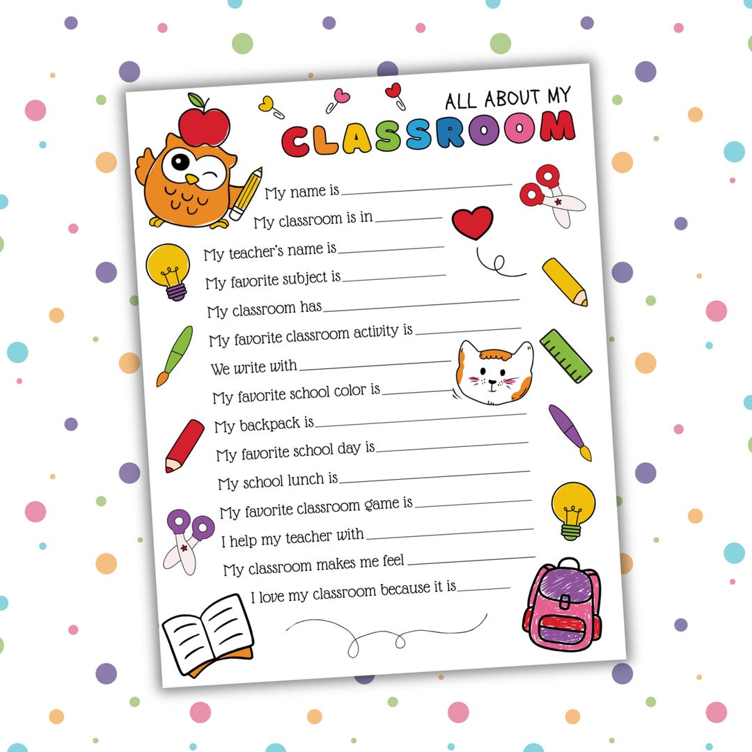All About My Classroom Worksheet | Coloring + Mini Questionnaire | Back ...