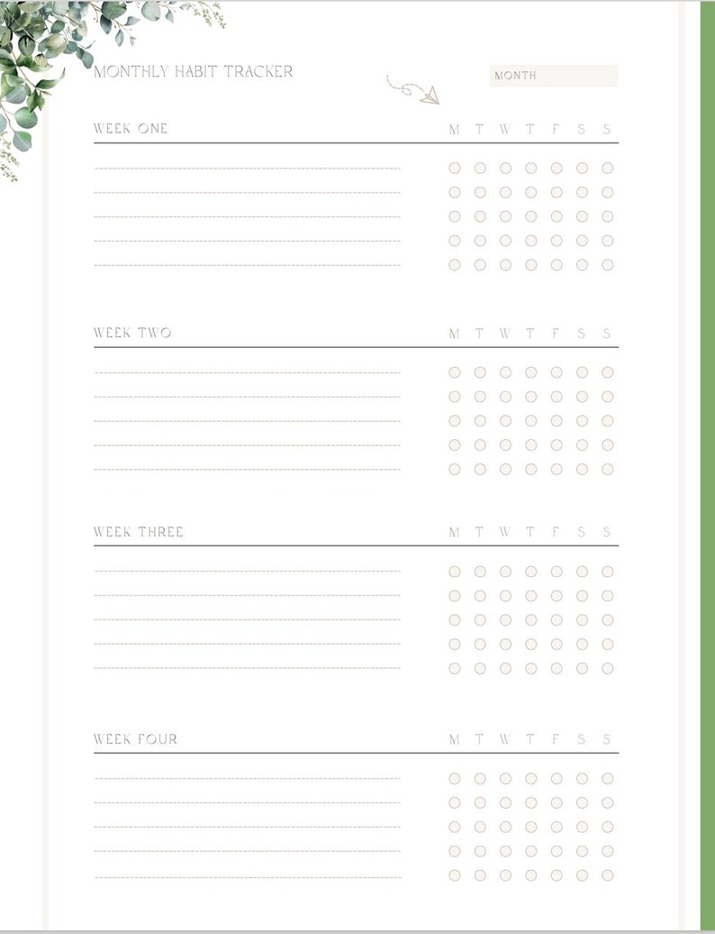 Eucalyptus Green Printable Monthly Planner and Habit Tracker Goal ...