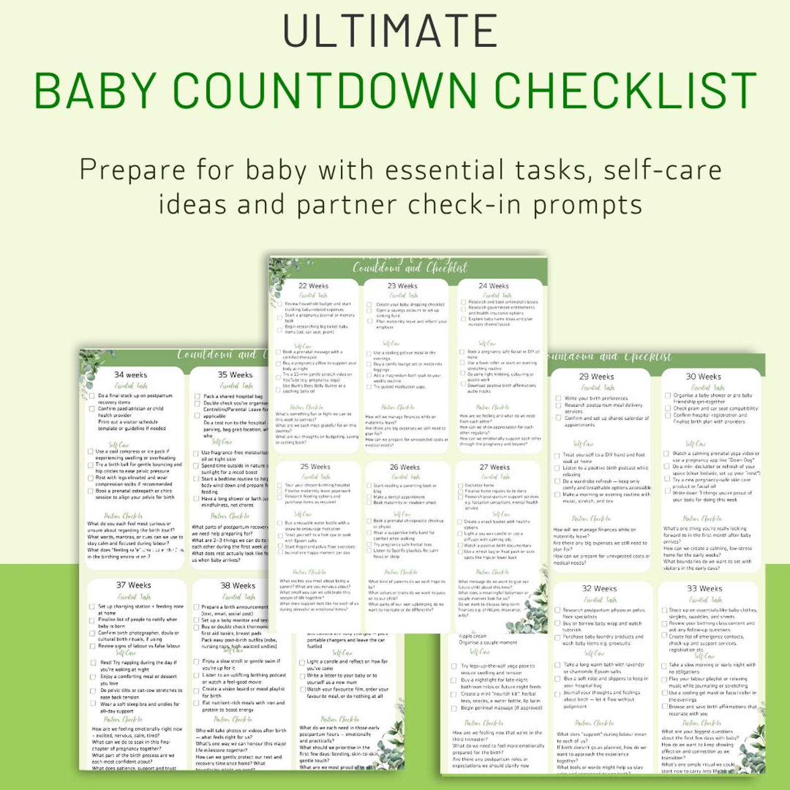Baby Countdown Checklist | Weekly Pregnancy Planner Weeks 22–39 | Baby ...
