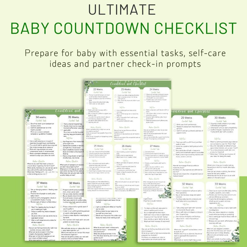 Baby Countdown Checklist | Weekly Pregnancy Planner Weeks 22–39 | Baby ...