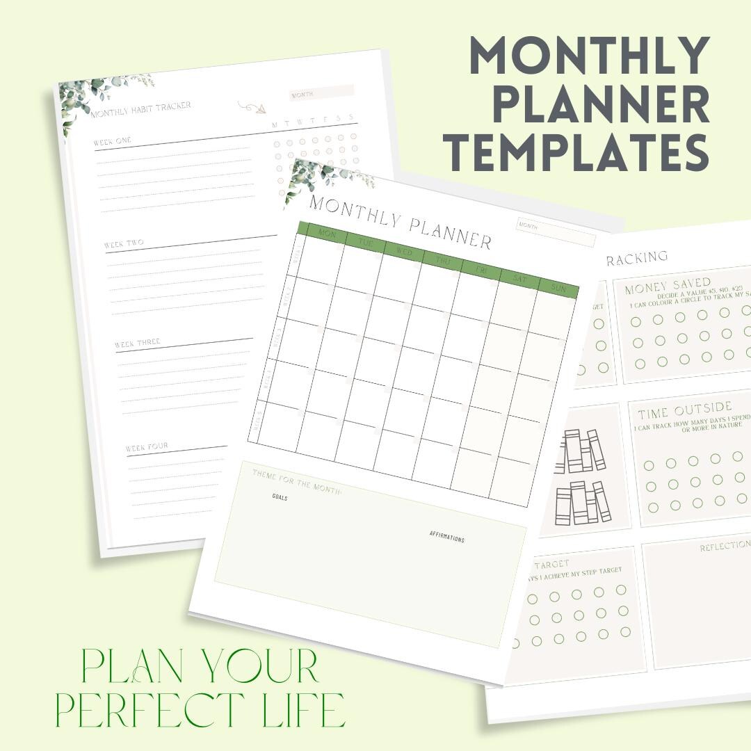 Eucalyptus Green Printable Monthly Planner and Habit Tracker Goal ...