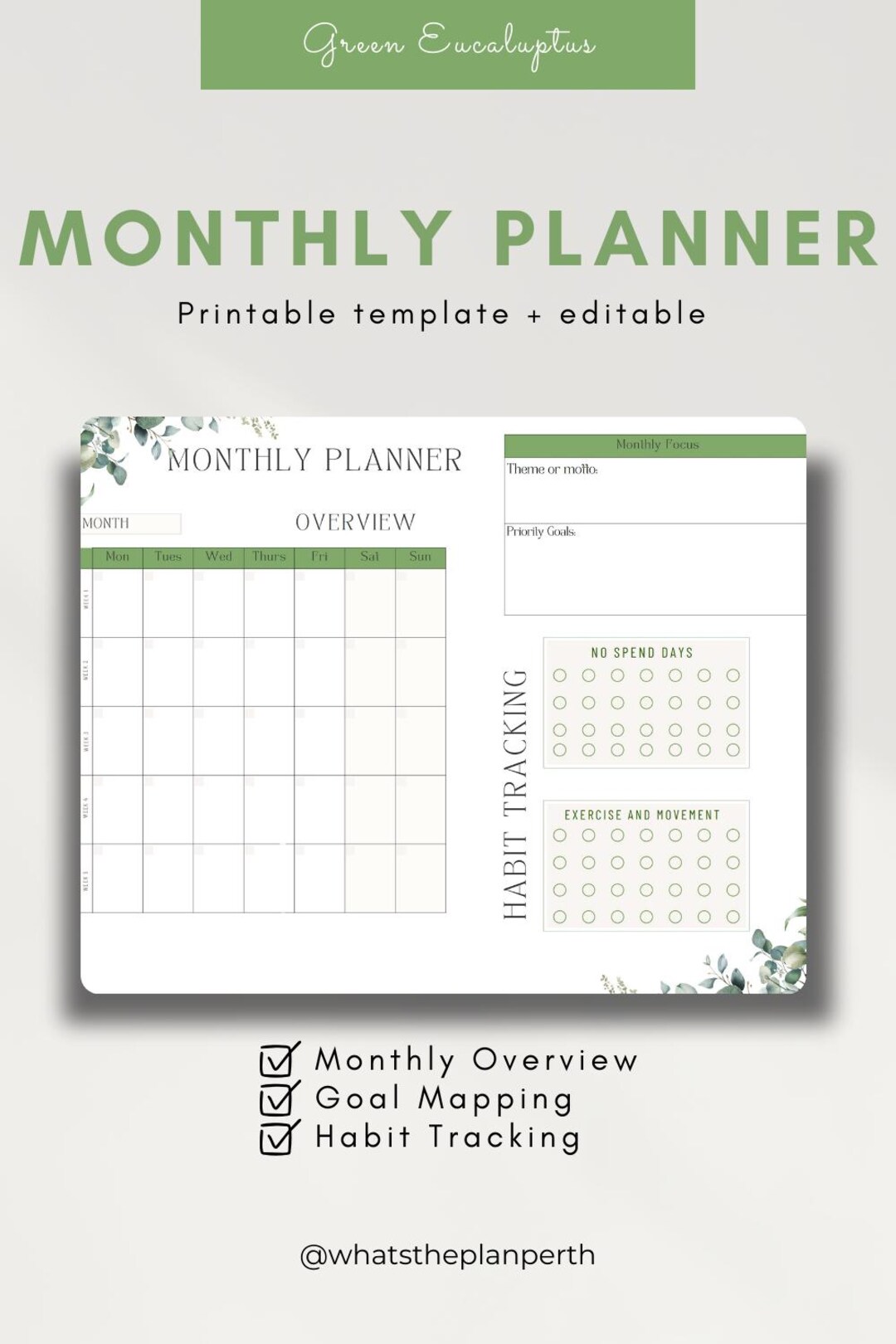Monthly Planner Template Printable- A4 Landscape Monthly Overview-green ...
