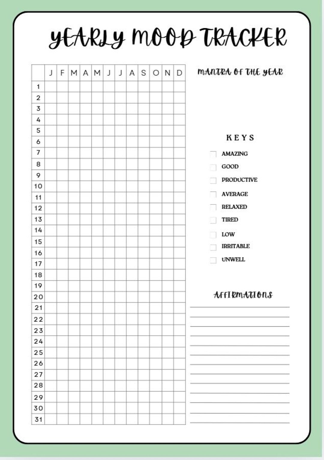 Green Mood Tracker Templates | Monthly and Yearly Printable | Digital ...