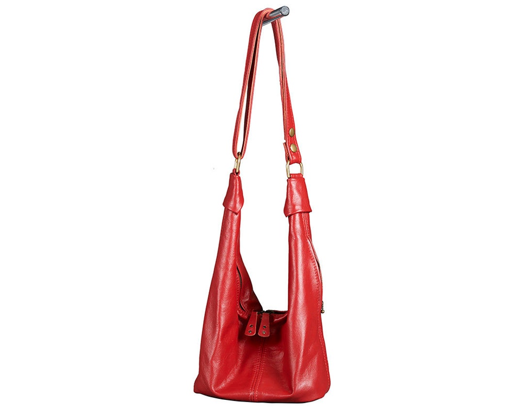Big Red Leather Crescent Bag, Red Leather Half Moon Bag, Crossbody ...