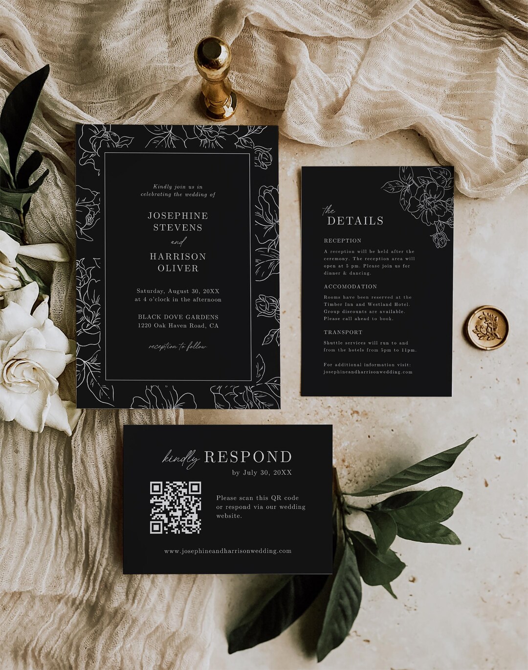 Dark Wedding Invitation Template Suite, Black Wedding Invitation ...
