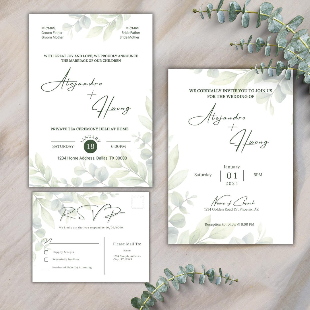 Bilingual Wedding Invitation: Eucalyptus Design, Spanish English (canva ...