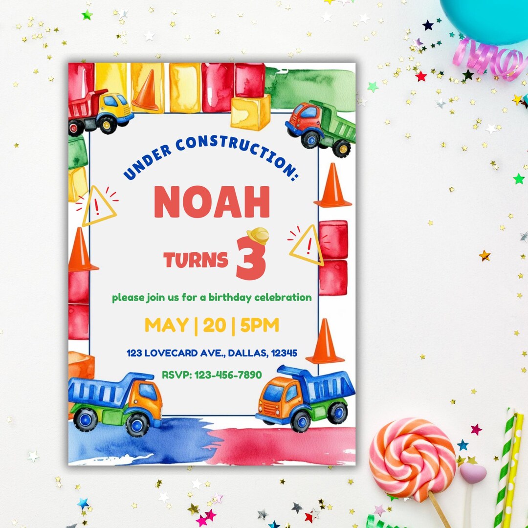 Construction Truck Birthday Invitation: Editable Canva Template ...