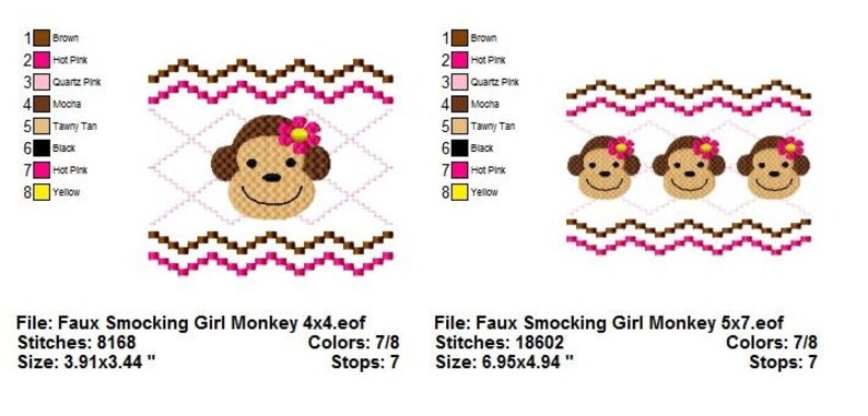 Girl Monkey Faux Smocking Machine Embroidery Design - Etsy