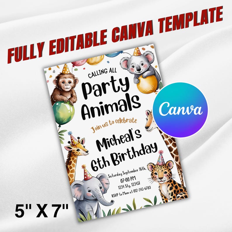Editable Party Animals Birthday Invitation, Pastel Rainbow Cheetah ...