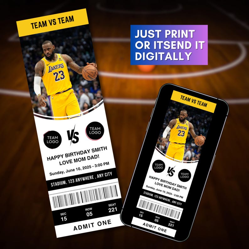Custom Basketball Game Ticket Template: NBA Surprise Gift, Digital ...
