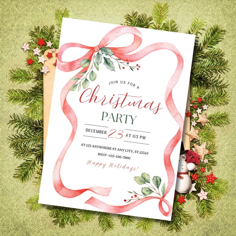 Watercolor Christmas Party Invitation, Editable Holiday Template ...