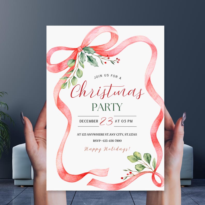 Watercolor Christmas Party Invitation, Editable Holiday Template ...