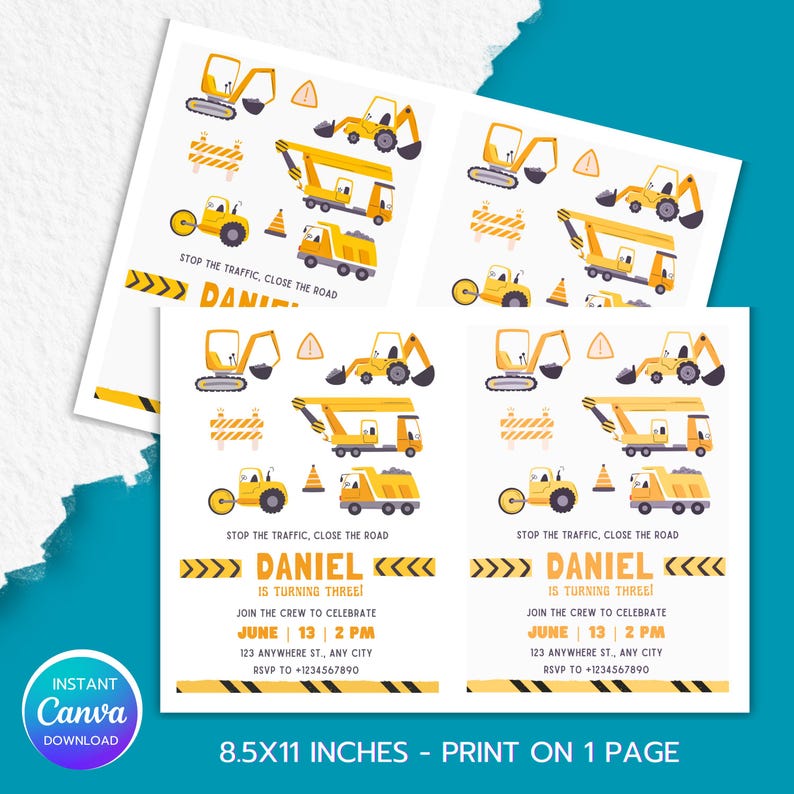 Editable Construction Birthday Party Invitation Template, Construction ...