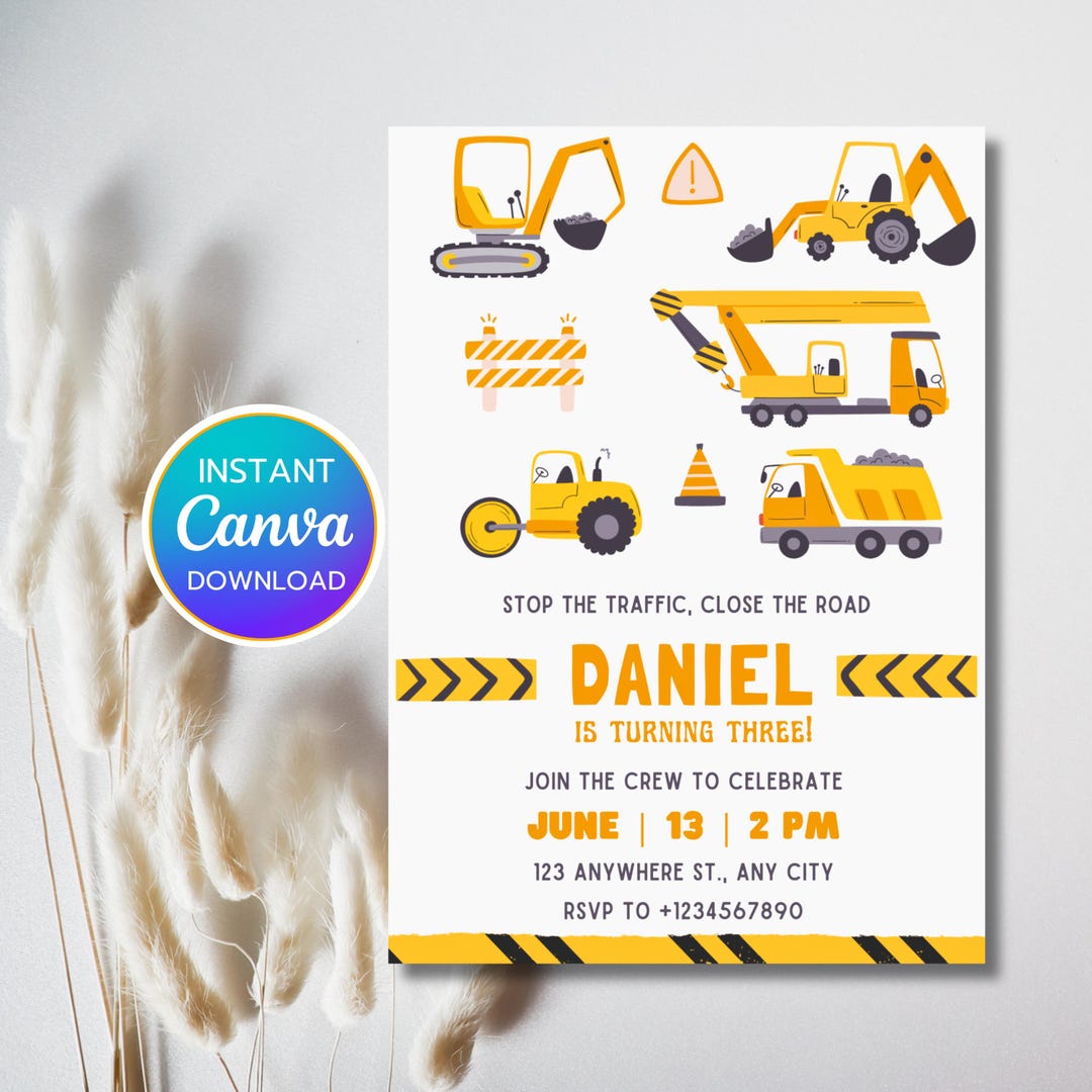 Construction Birthday Invitation Template: Editable Dump Truck Crane ...