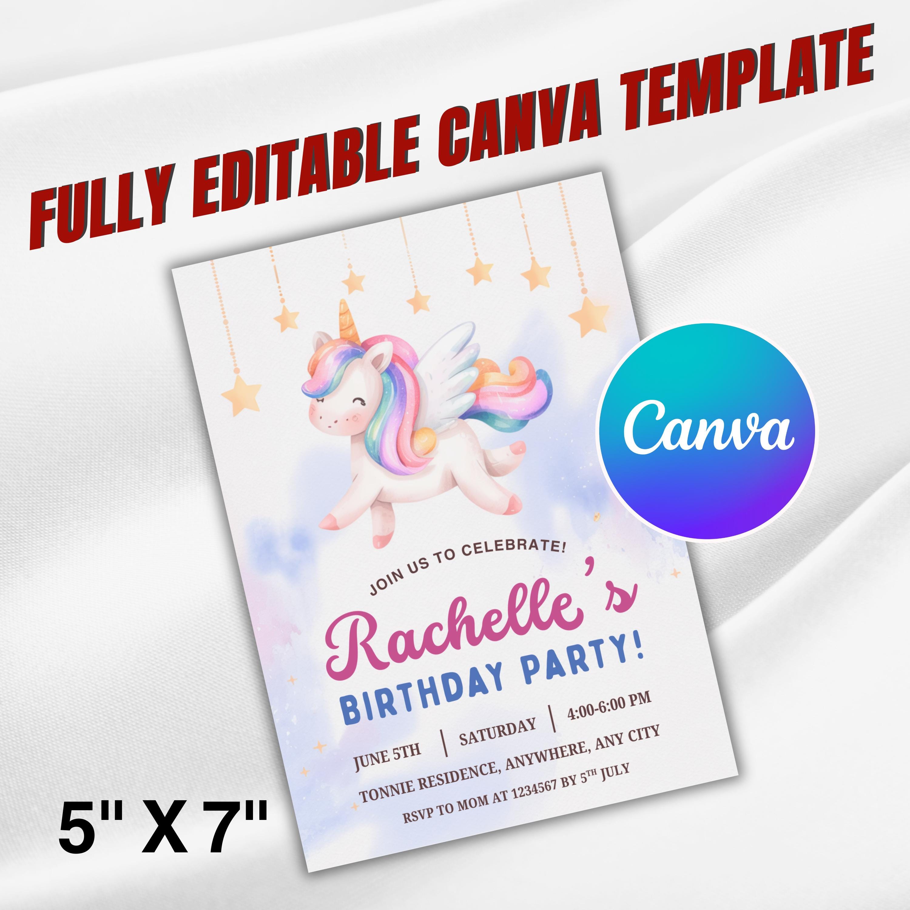 Editable Rainbow Unicorn Birthday Invitation: Canva Template, Instant ...