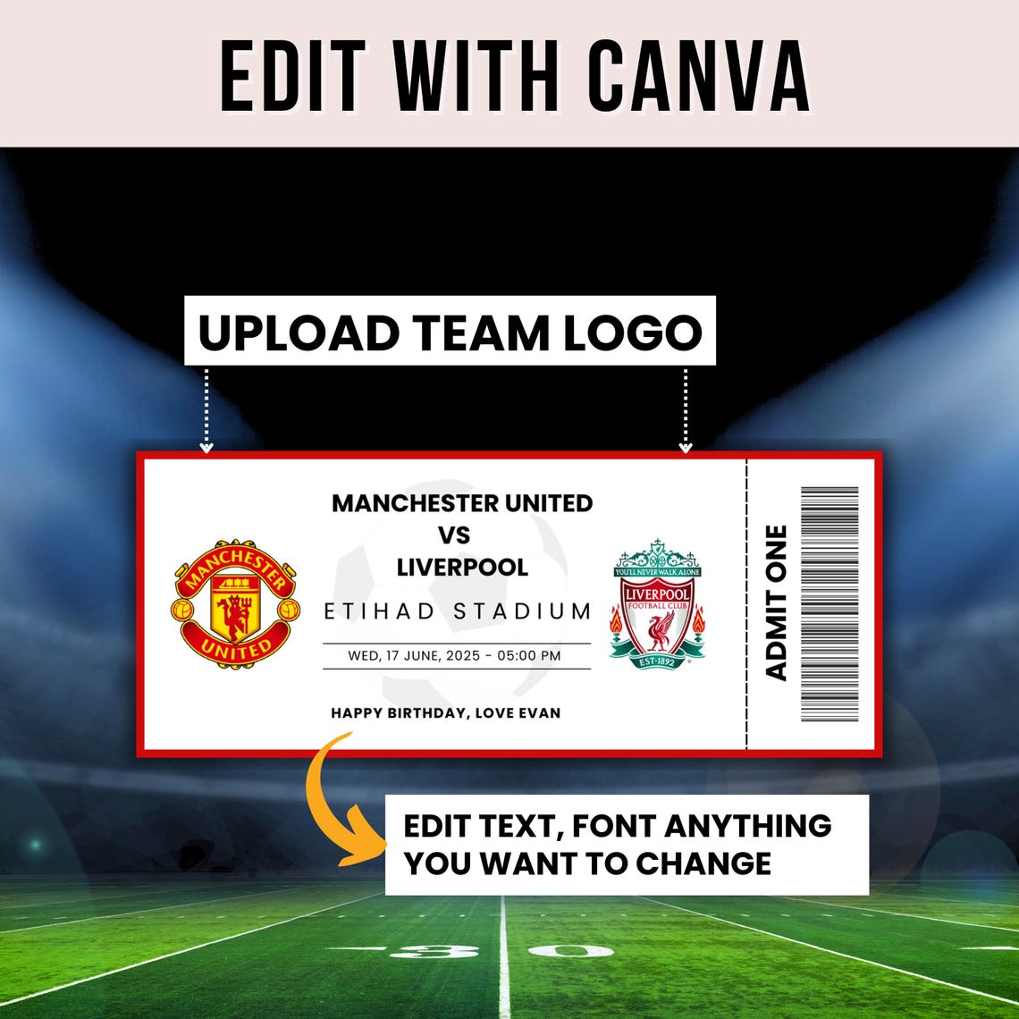 Editable Football Ticket Gift, Football Game Ticket Gift, Football ...