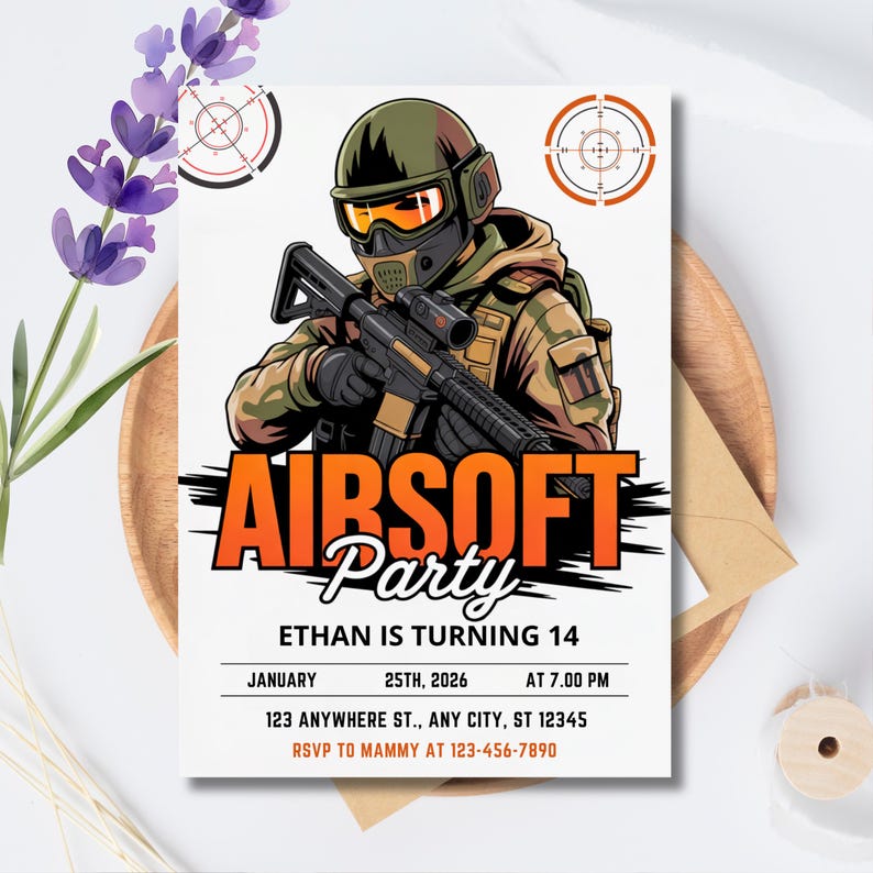 Editable Airsoft Party Invitation - Camo Military Flyer - Airsoft Game ...
