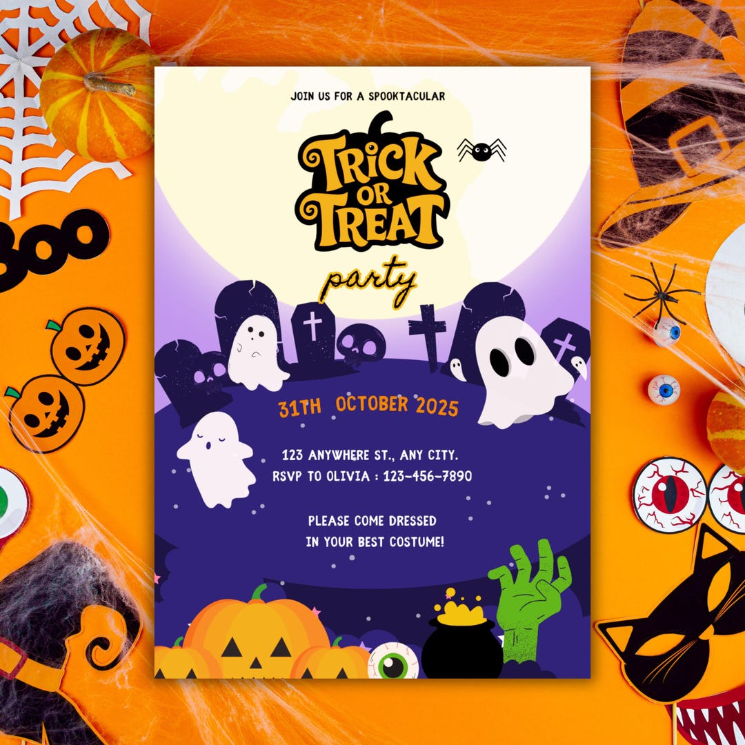 Kids Trick or Treat Party Invitation, Editable Spooktacular Halloween ...