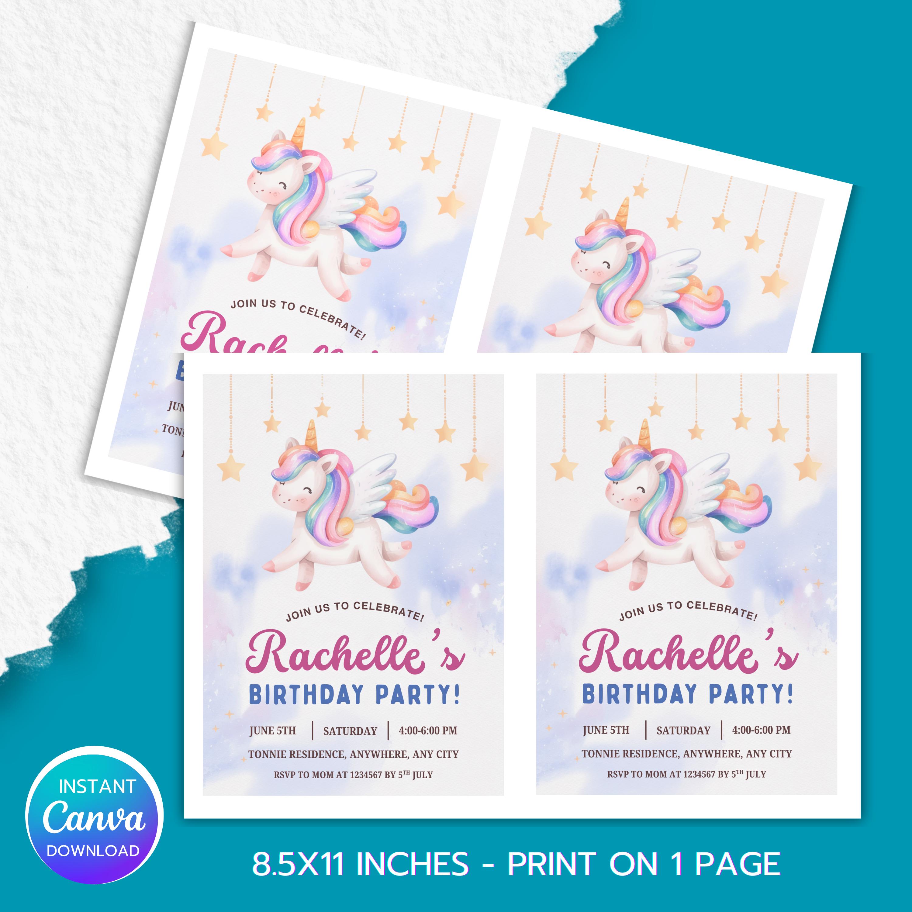Editable Rainbow Unicorn Birthday Invitation: Canva Template, Instant ...