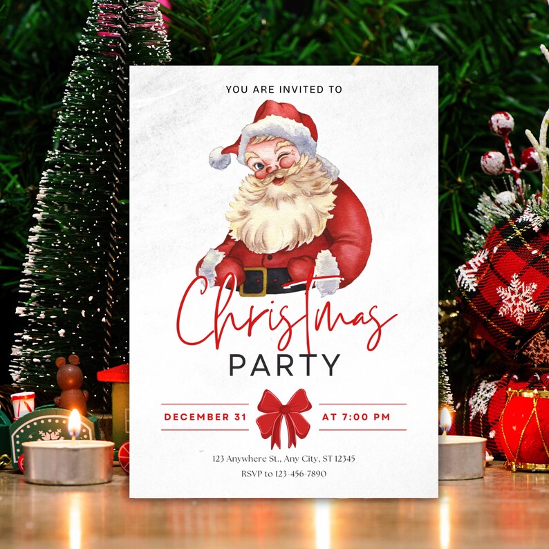 Winking Santa Christmas Party Invitation, Editable Retro Santa Claus ...