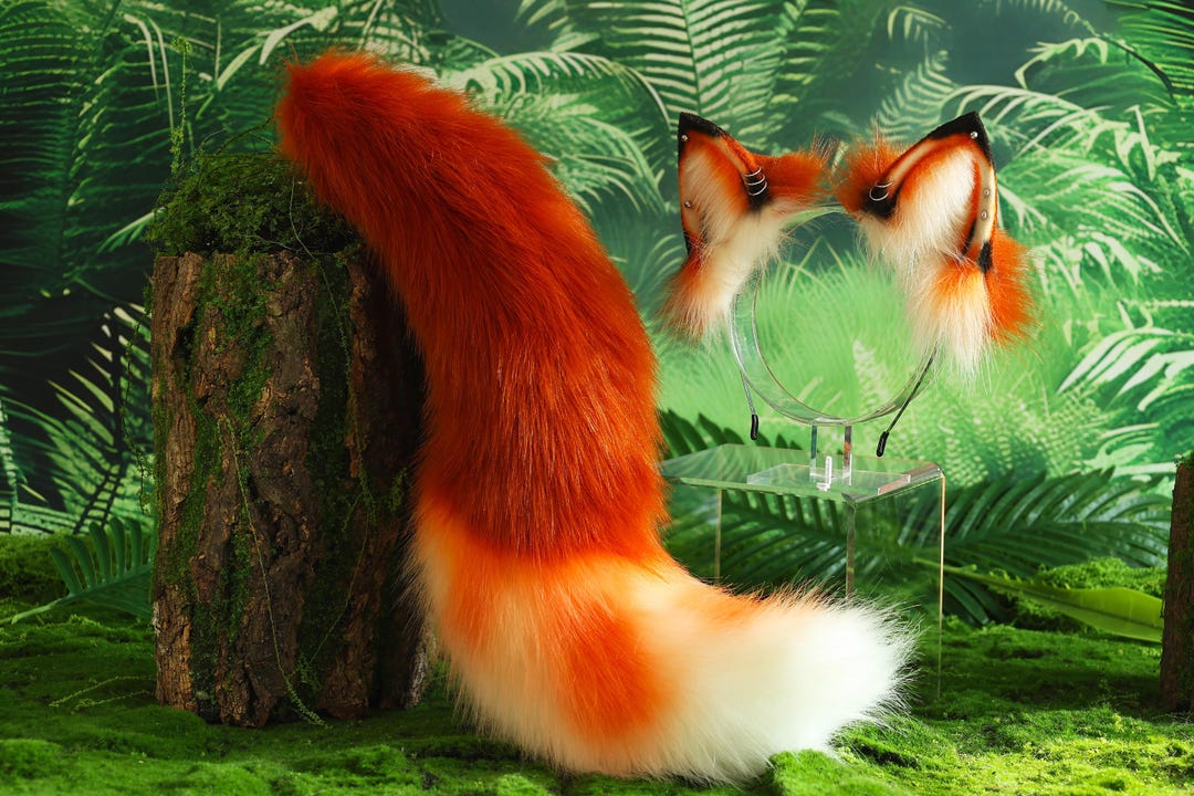 21 Inch Red Brown Fox Ears and Tail Wolf Ears Tail Cosplay Realistic ...