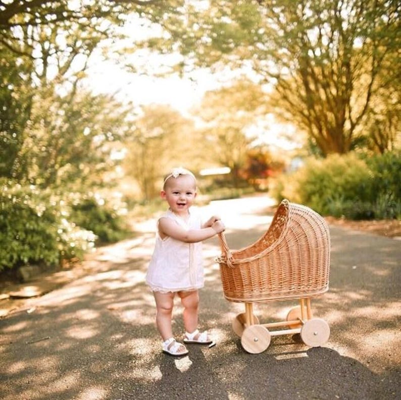 Natural Wicker Baby Carriage, Doll Stroller, Push Toy for Toddler Girls ...