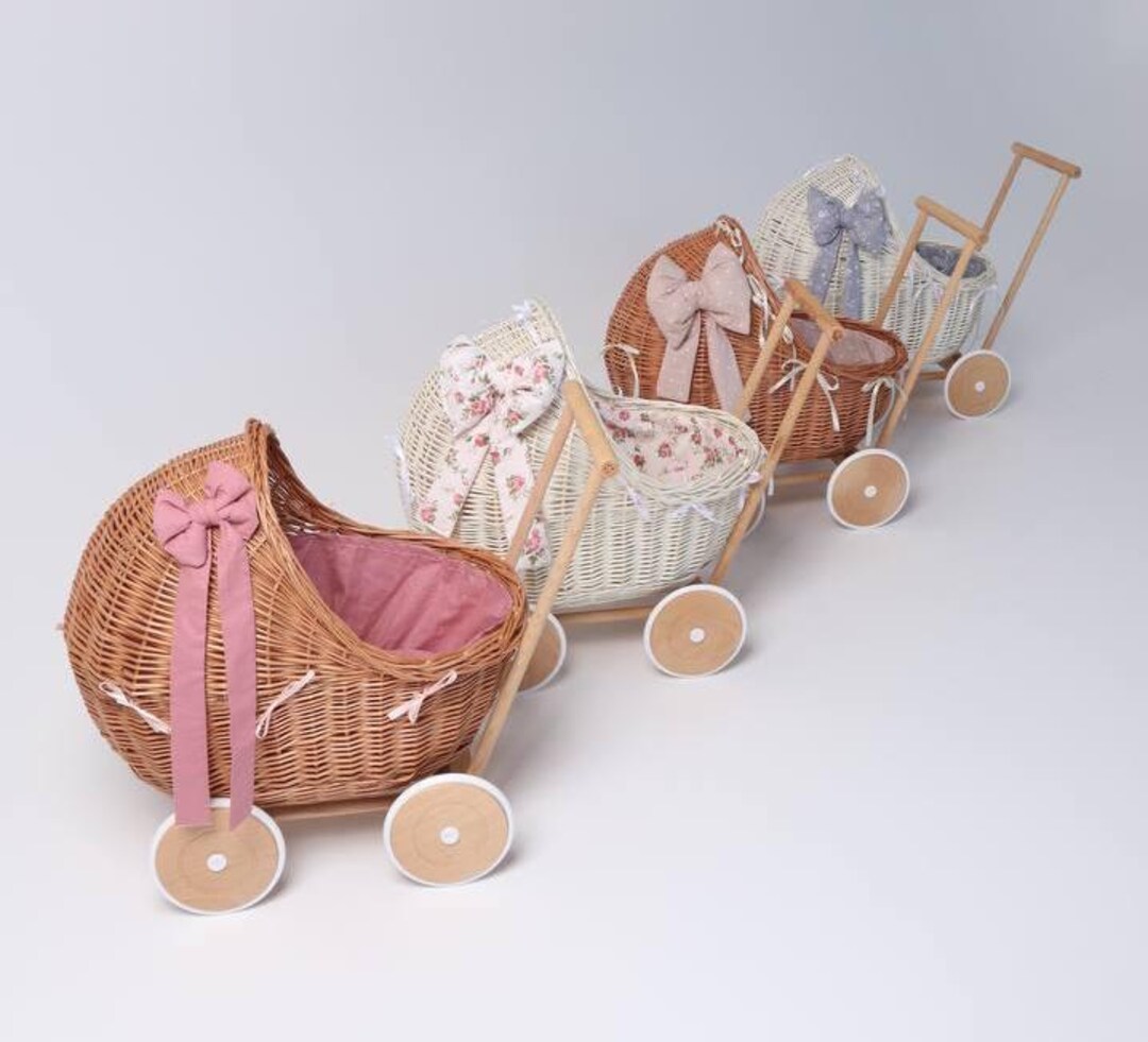 Wicker Baby Pram, Doll Stroller, Push Toy for Toddler Girls, Natural ...