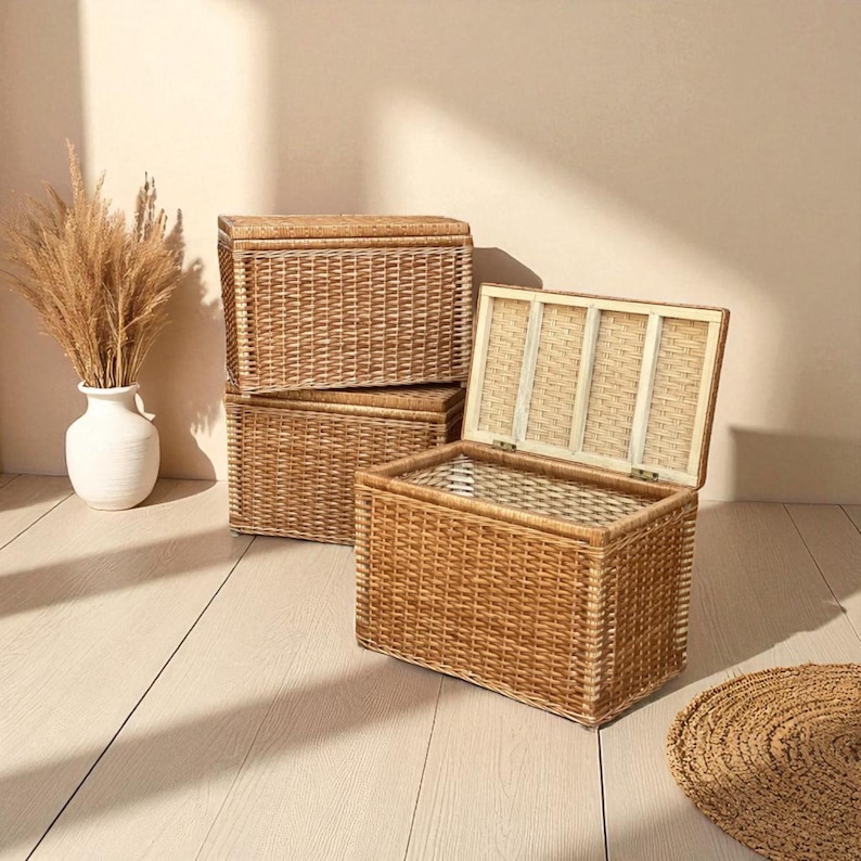 Wicker Toy Chest With Lid, Rectangular Rattan Storage Basket for Kids ...