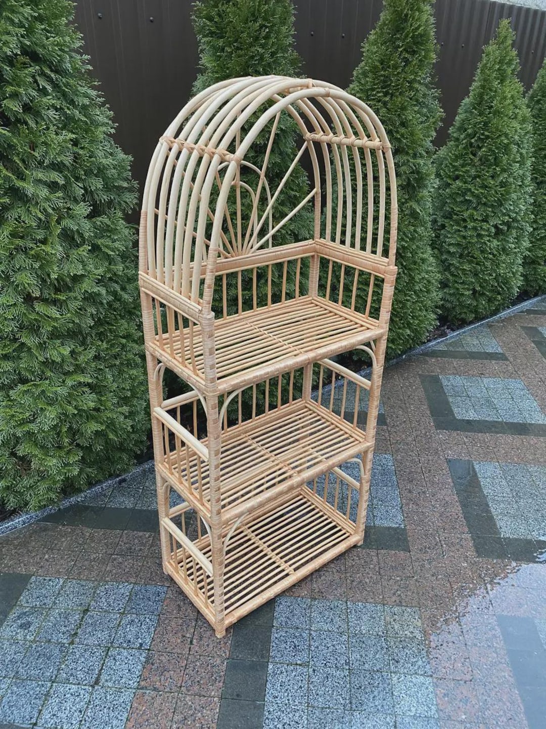 Arched Wicker Shelf Unit, Handmade Cane Bookshelf With 3 Shelves, Boho ...