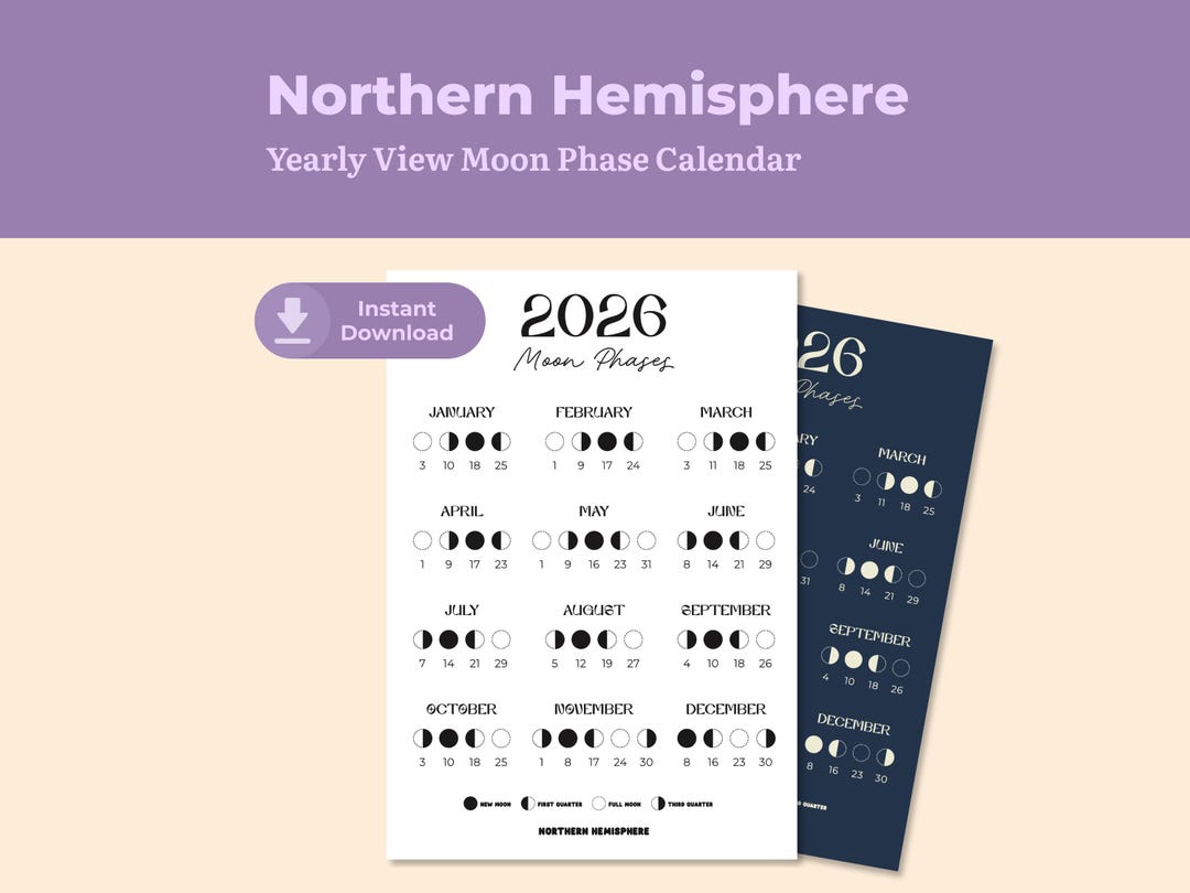 2026 Moon Phase Calendar Digital Download A4 and Letter for Northern ...