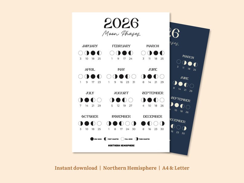 2026 Moon Phase Calendar Digital Download A4 and Letter for Northern ...