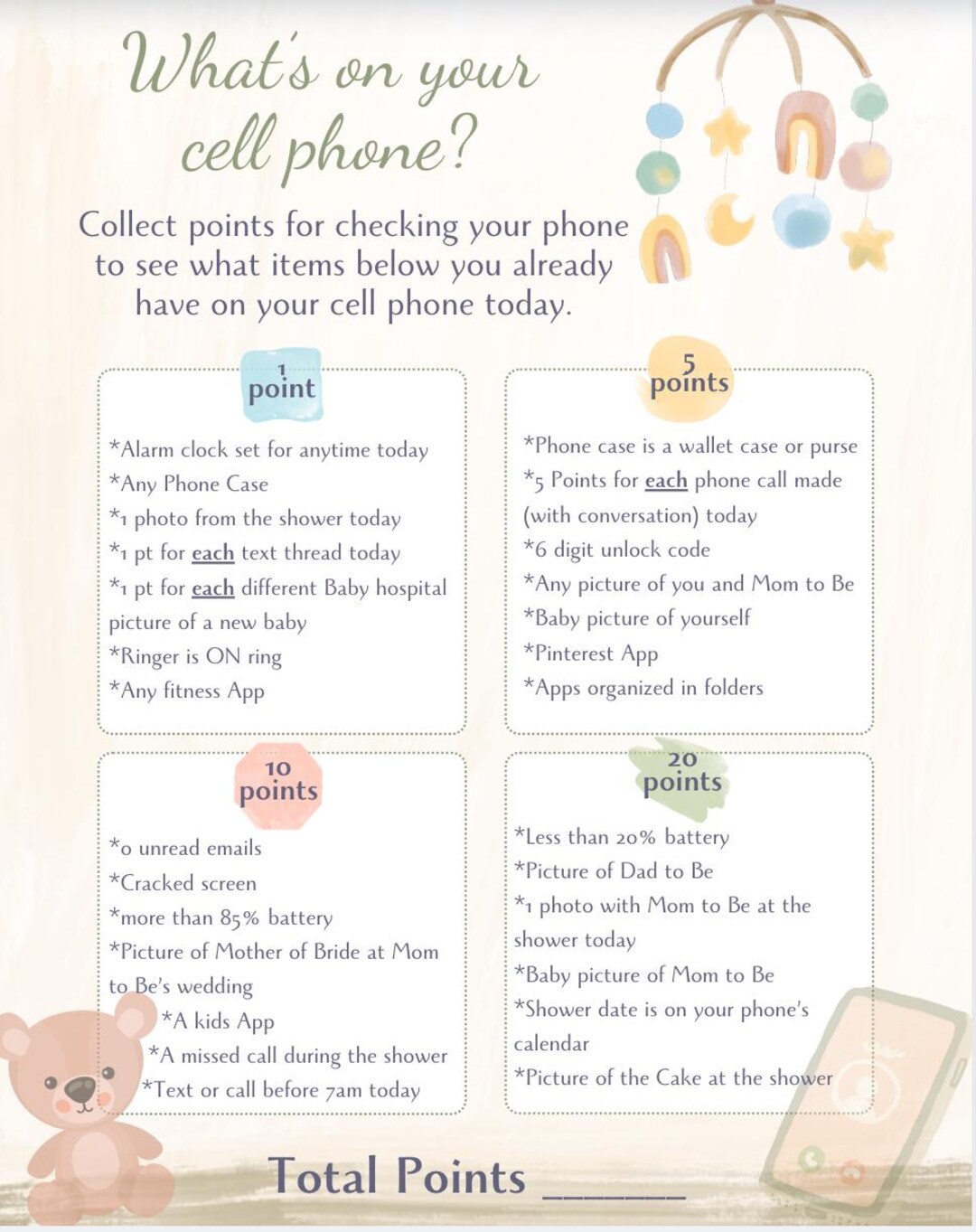 What's on Your Cell Phone Scavenger Hunt, Baby Shower Game - Fun and ...
