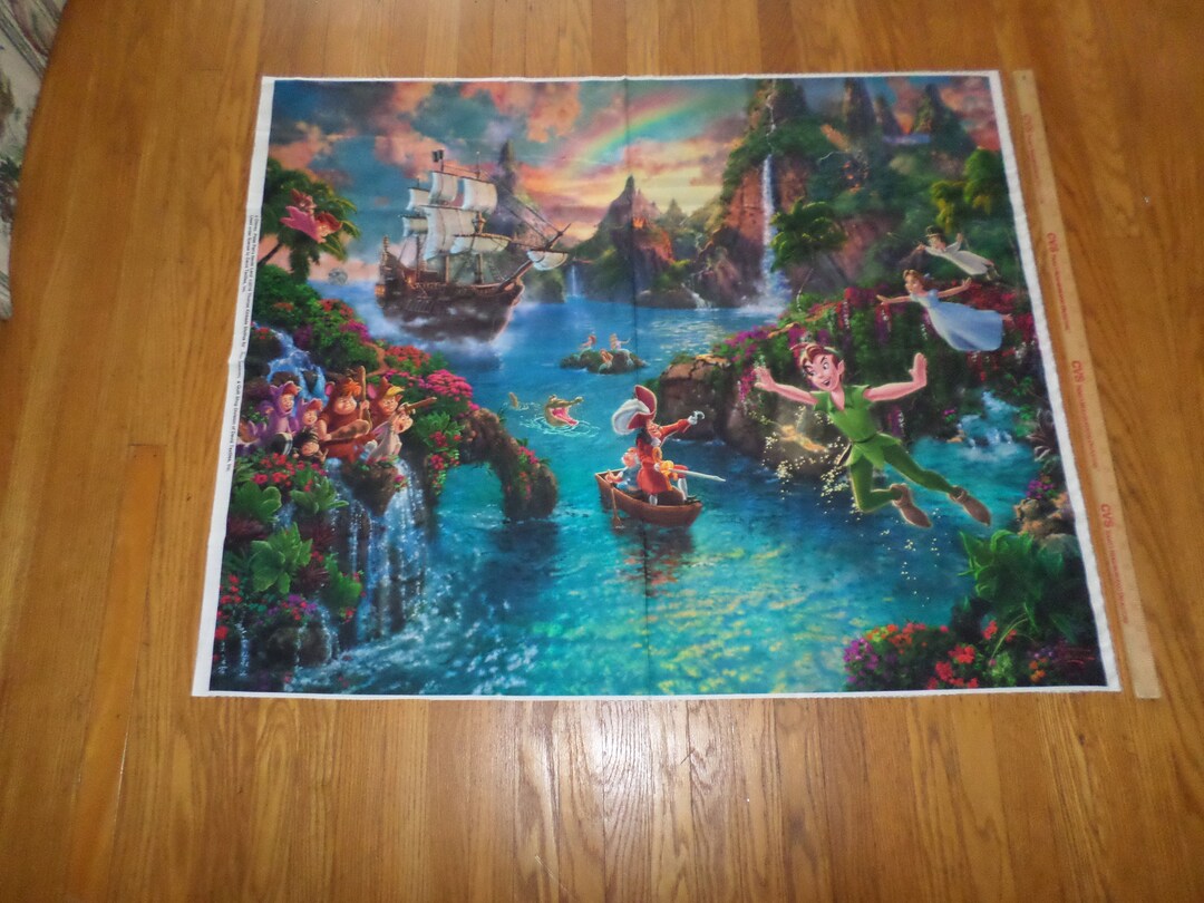 Rare Peter Pan & Gang Captain Hook Neverland Cotton Fabric Panel - 35 ...