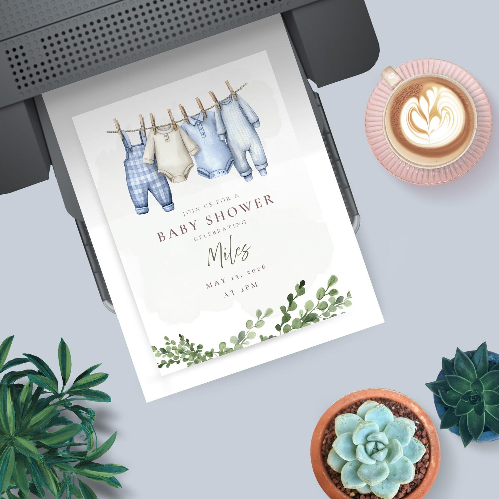 Watercolor Baby Boy Clothesline Clipart, Blue Baby Clothesline Clipart ...