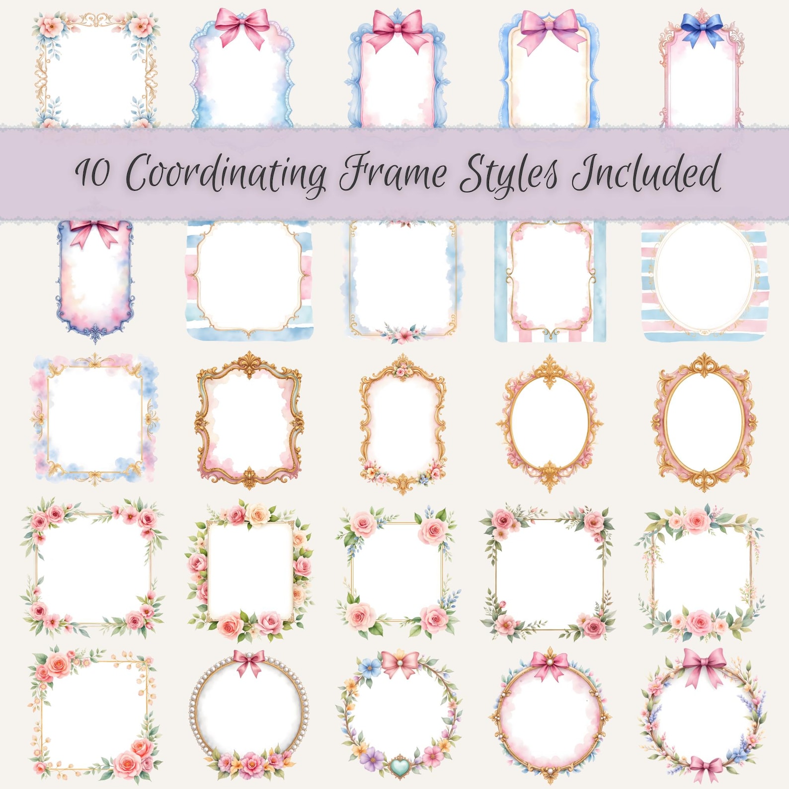 Vintage Powder Coquette Frame Clipart Bundle | Pastel Watercolor Frames ...