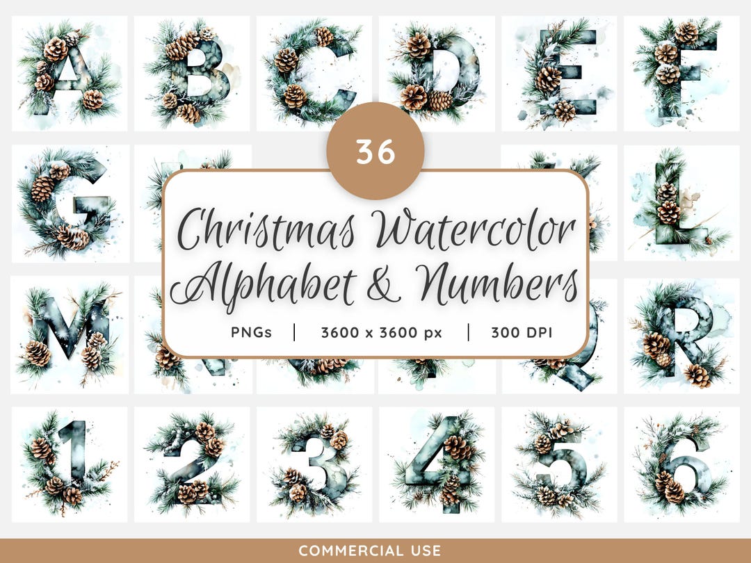 Christmas Watercolor Alphabet and Numbers Clipart Set, Festive Holiday ...