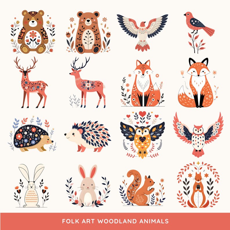 Whimsical Folk Woodland Clipart Set | Scandi Forest Animals & Floral ...