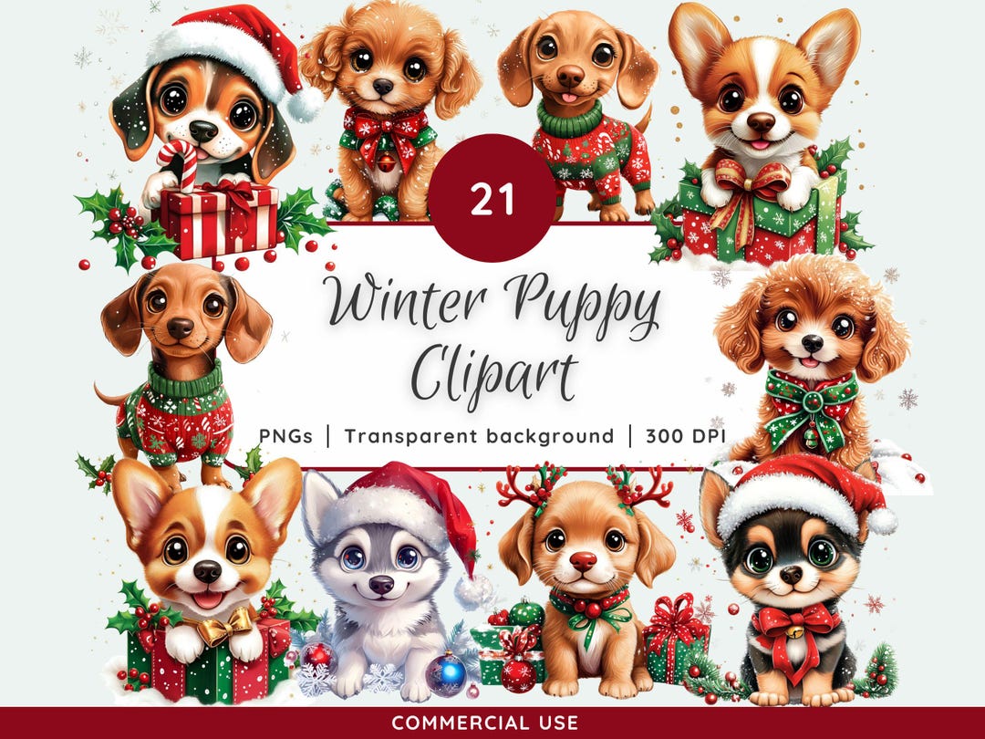 Adorable Winter Puppy Clipart: Cute Watercolor Christmas Dog Pngs With ...