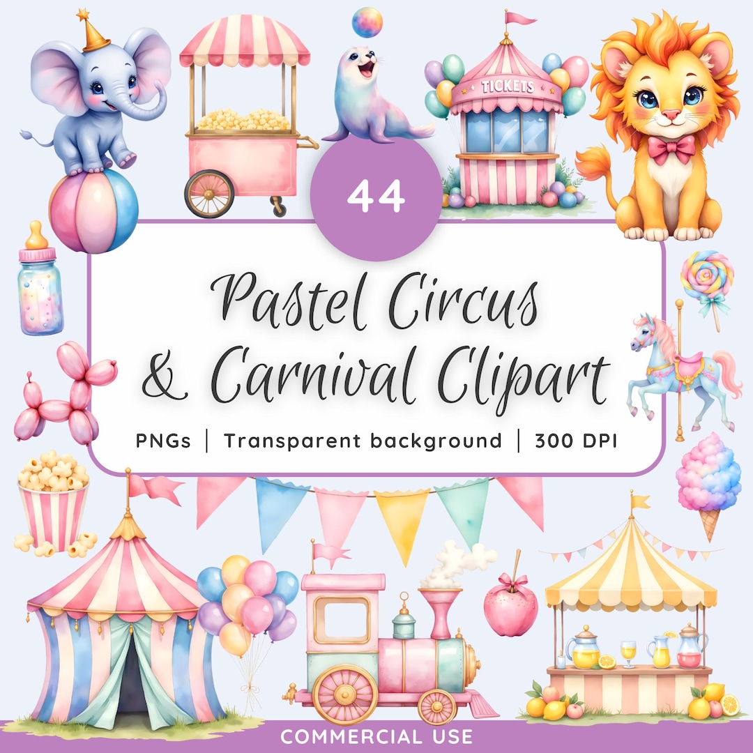 Pastel Circus Tent Clipart Set | Watercolor Circus Animals PNG ...