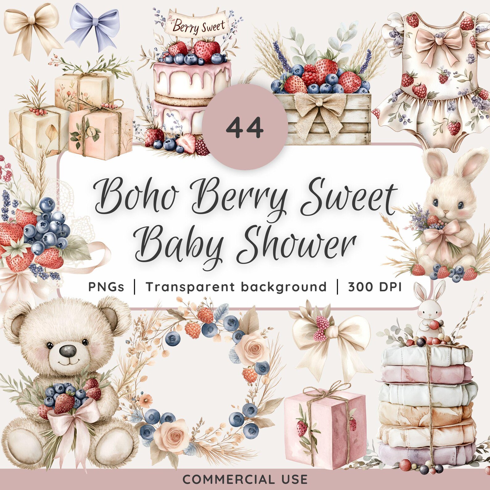 Boho Berry Sweet Baby Shower PNG Clipart, Rustic Watercolor Someone ...