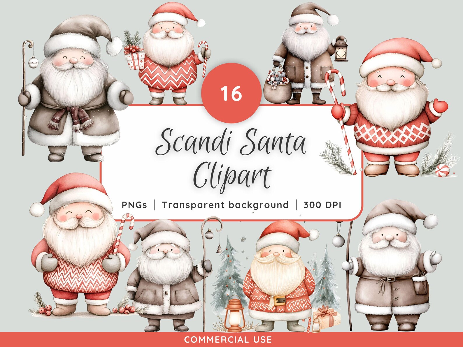 Charming Scandi Santa Clipart, Nordic Christmas PNG, Hygge Watercolor ...