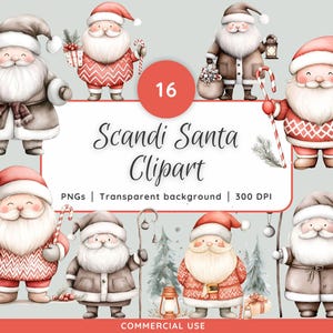Charming Scandi Santa Clipart, Nordic Christmas PNG, Hygge Watercolor ...