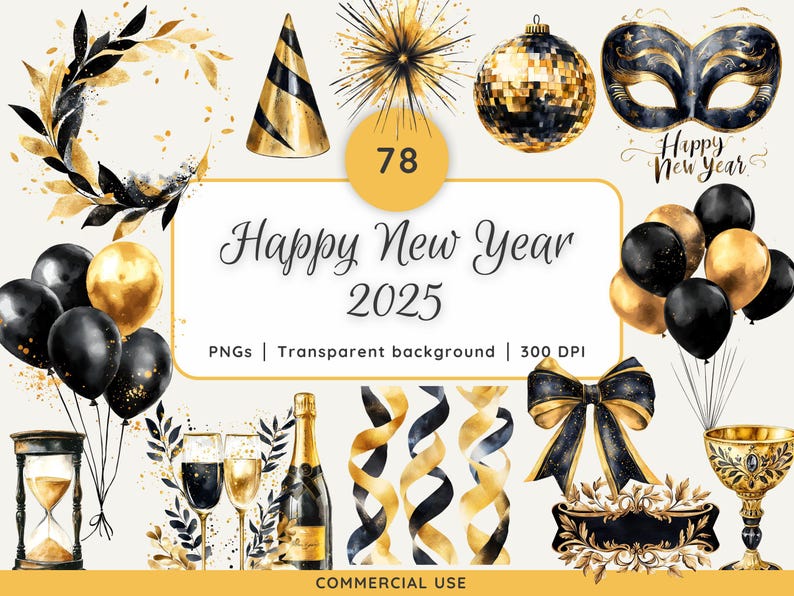 Happy New Year Clipart Black and Gold 2025, New Year's Eve Graphics ...
