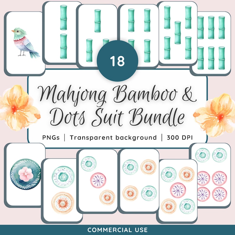 Watercolor Mahjong Clipart Bundle: Bamboo Suit Tiles and Dots Suit ...