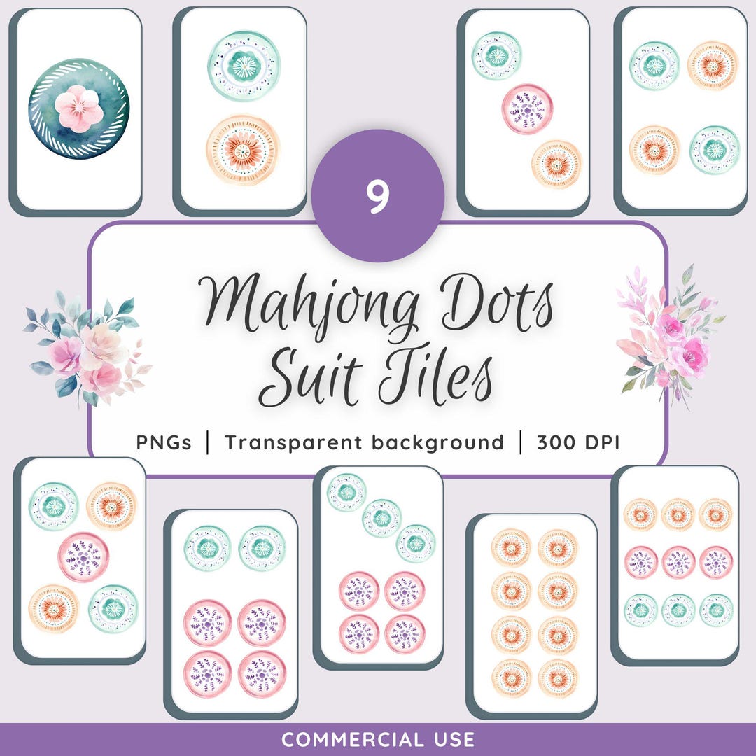 Floral Mahjong Clipart PNG Set, Mahjong Dots Art Tile Set 1-9, Mahjong ...