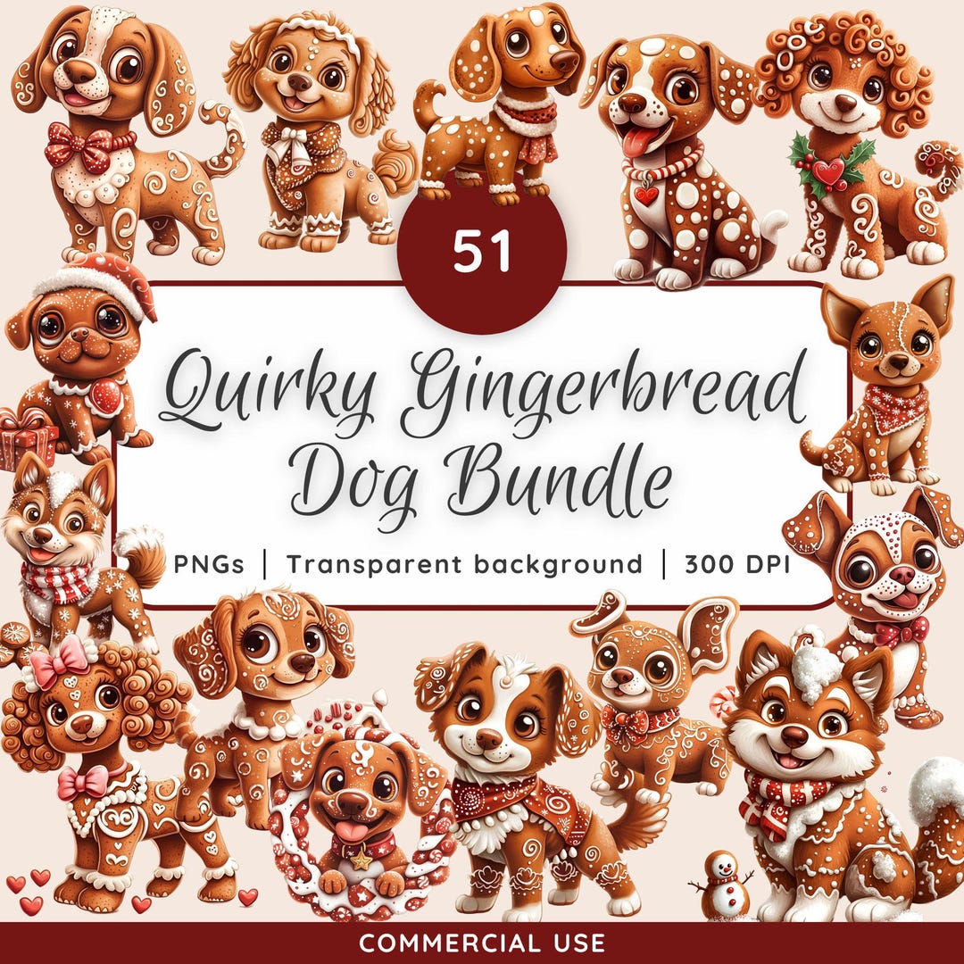 Quirky Gingerbread Dog Clipart Bundle: 51 Festive Gingerbread Puppy ...