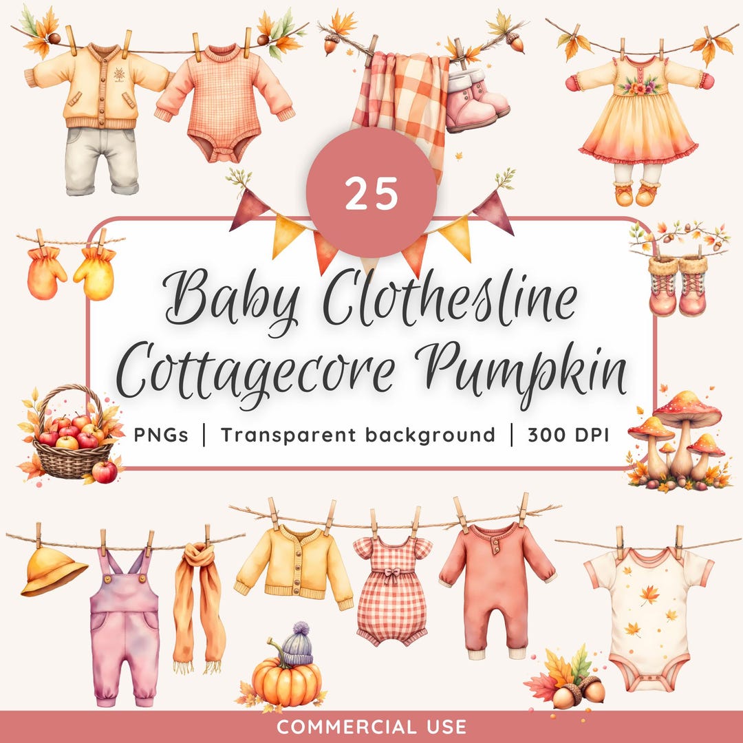 Fall Baby Clothesline Clipart | Cottagecore Pumpkin Baby Shower Pngs ...
