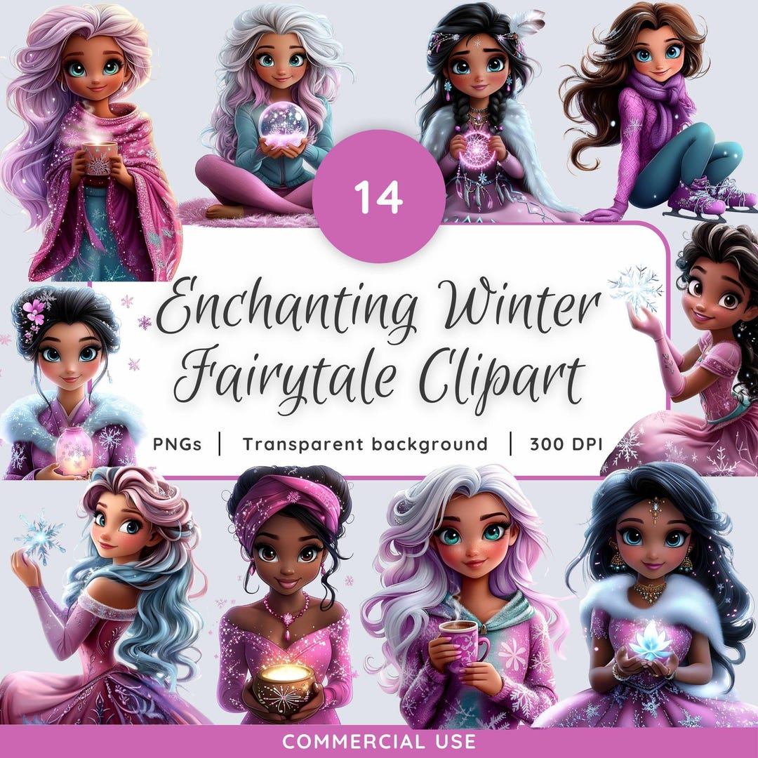 Enchanting Pink Fairytale Winter Clipart Set, Winter Princess and ...