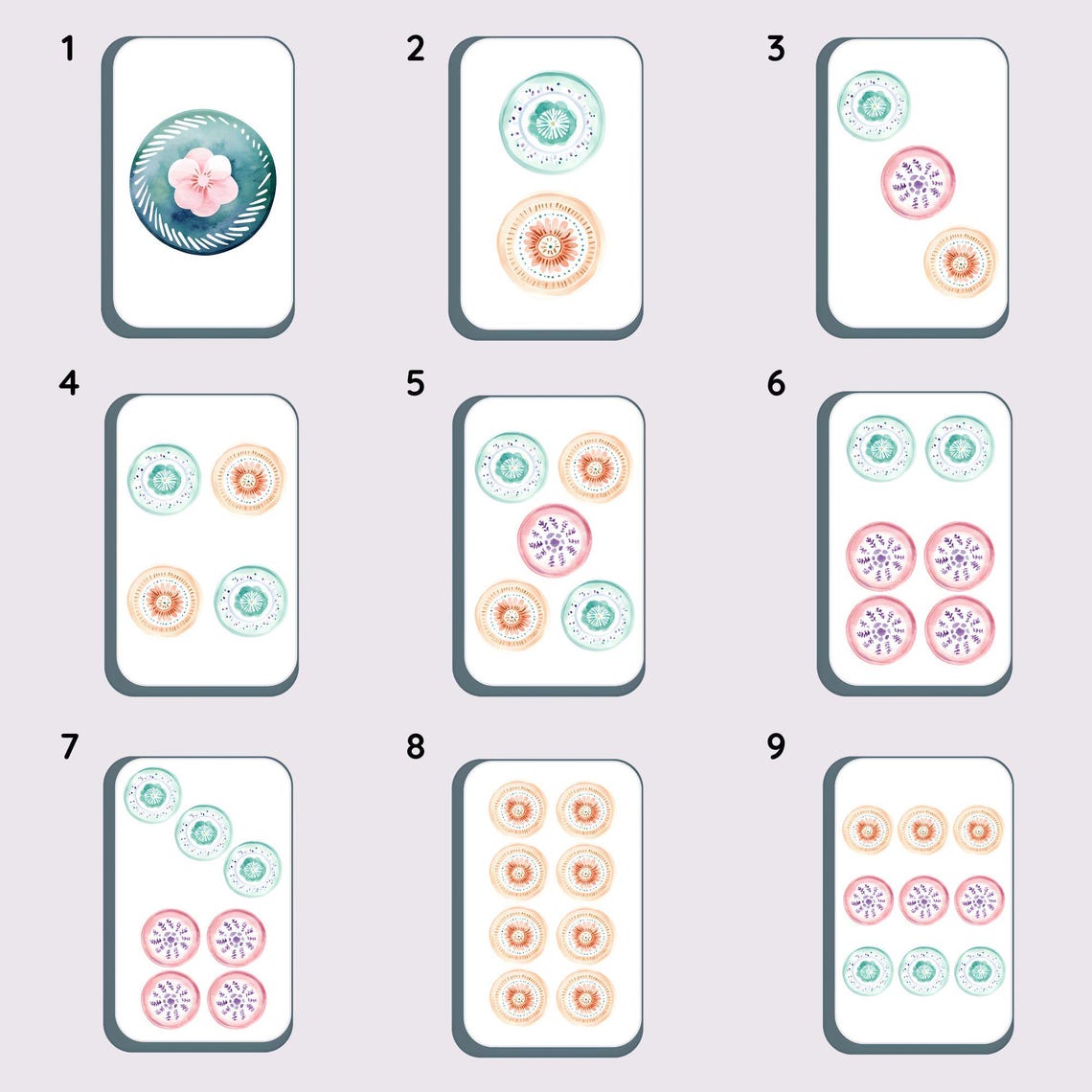 Floral Mahjong Clipart PNG Set, Mahjong Dots Art Tile Set 1-9, Mahjong ...