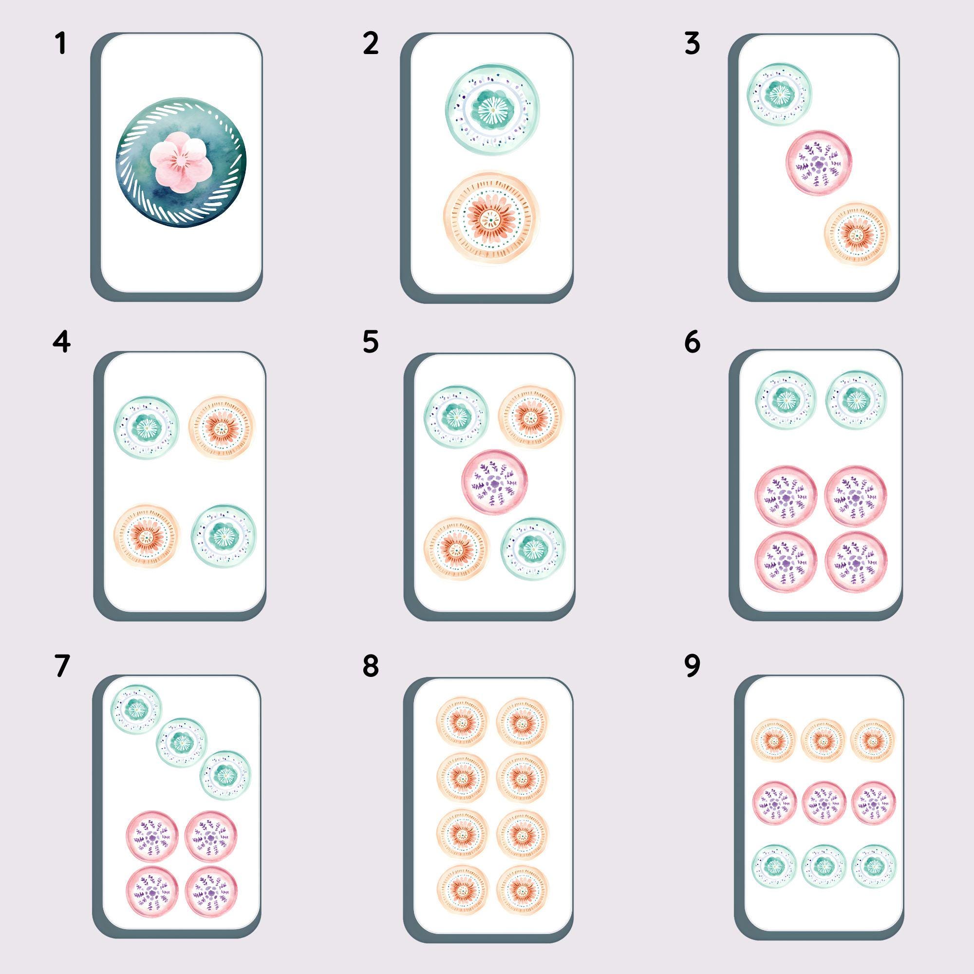 Floral Mahjong Clipart PNG Set, Mahjong Dots Art Tile Set 1-9, Mahjong ...